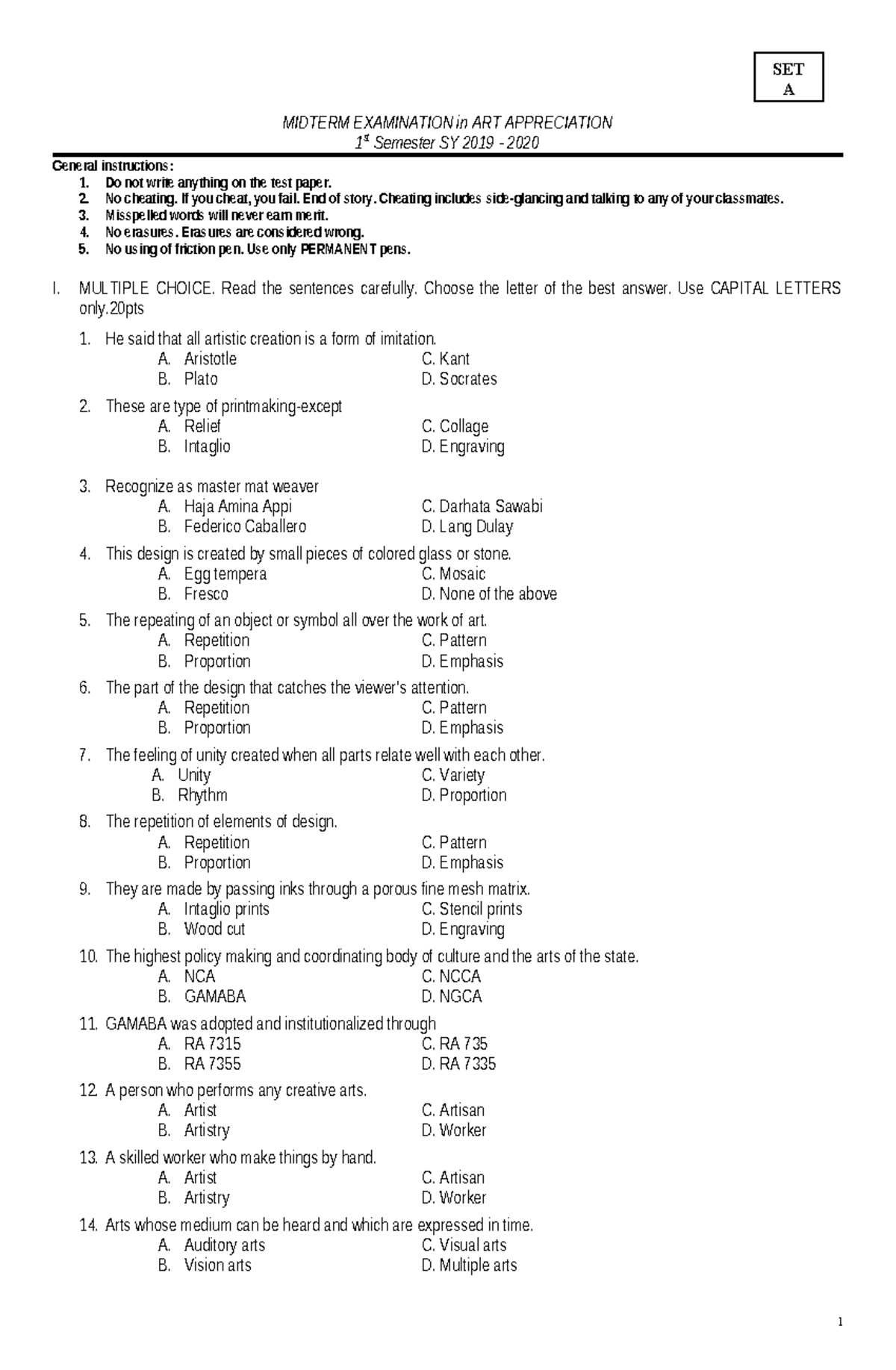 ART APPRECIATION A1 MIDTERM EXAM SAMPLE QUESTIONS 1st Sem SY 2019-2020 ...