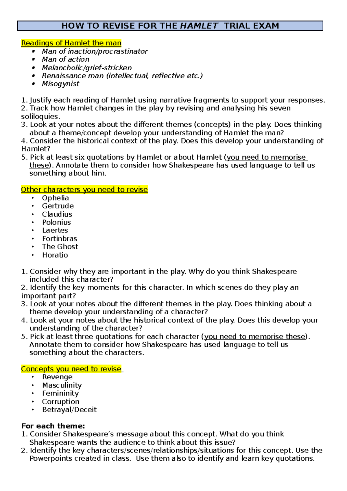 Hamlet Revision Guide 2021: Themes, Quotes, and Trial Exam Tips - Studocu