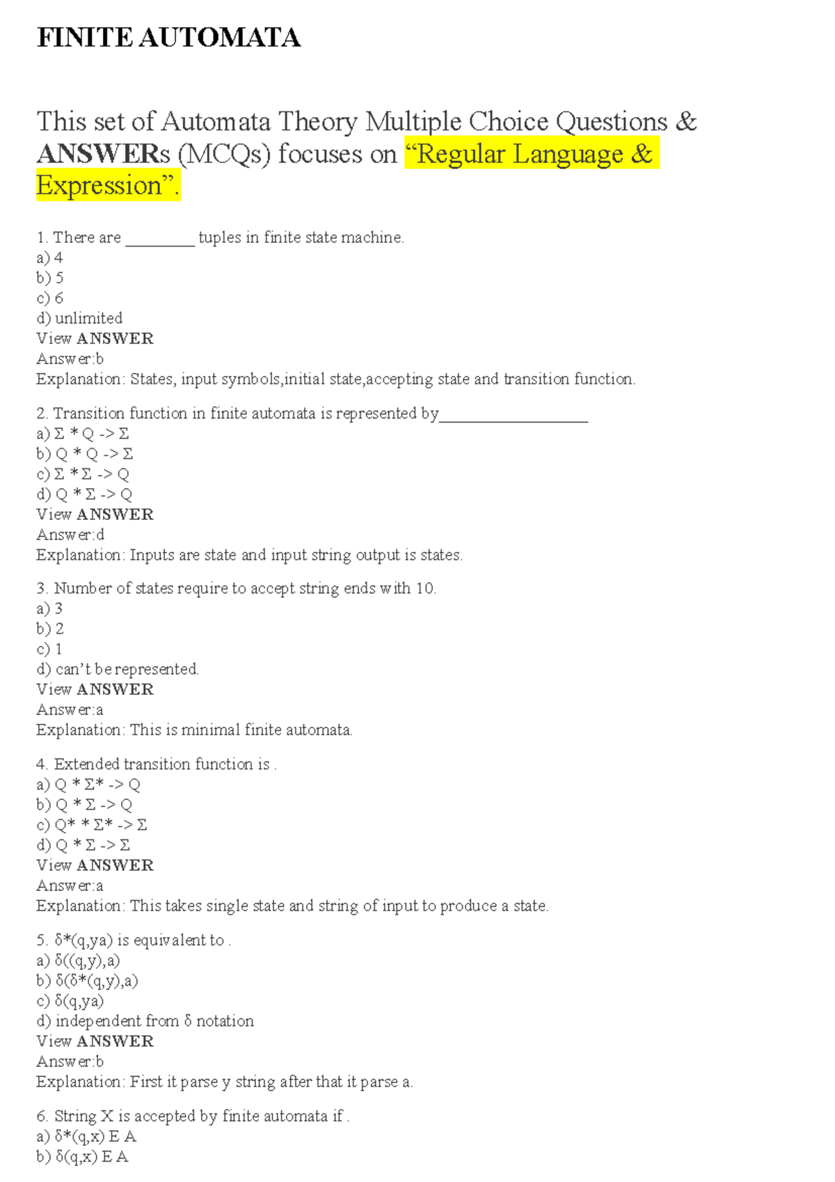 Finite Automata unitn 1 - FINITE AUTOMATA This set of Automata Theory Multiple Choice Questions ...