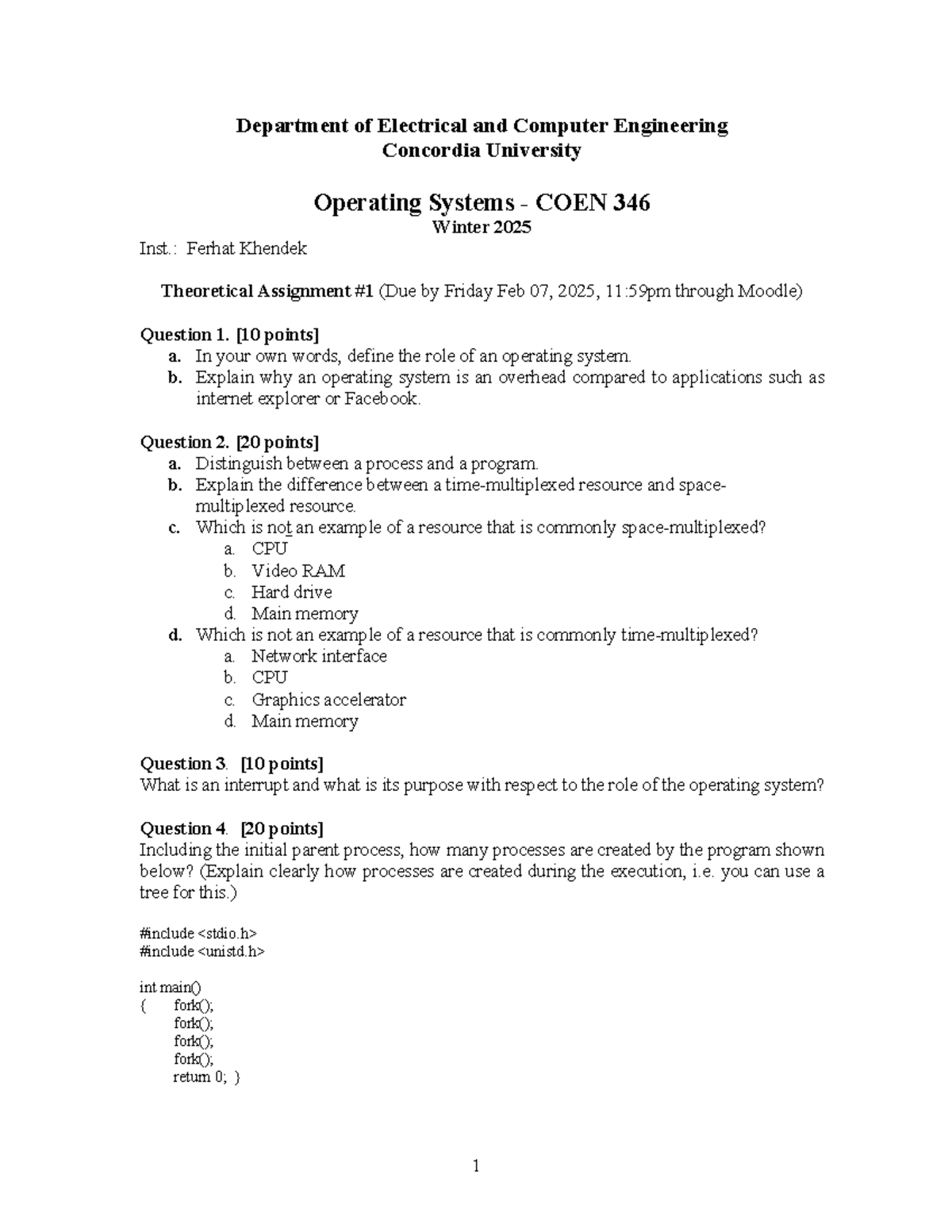 Asg1-W2025 - Operating Systems COEN 346 Theoretical Assignment 1 - Studocu