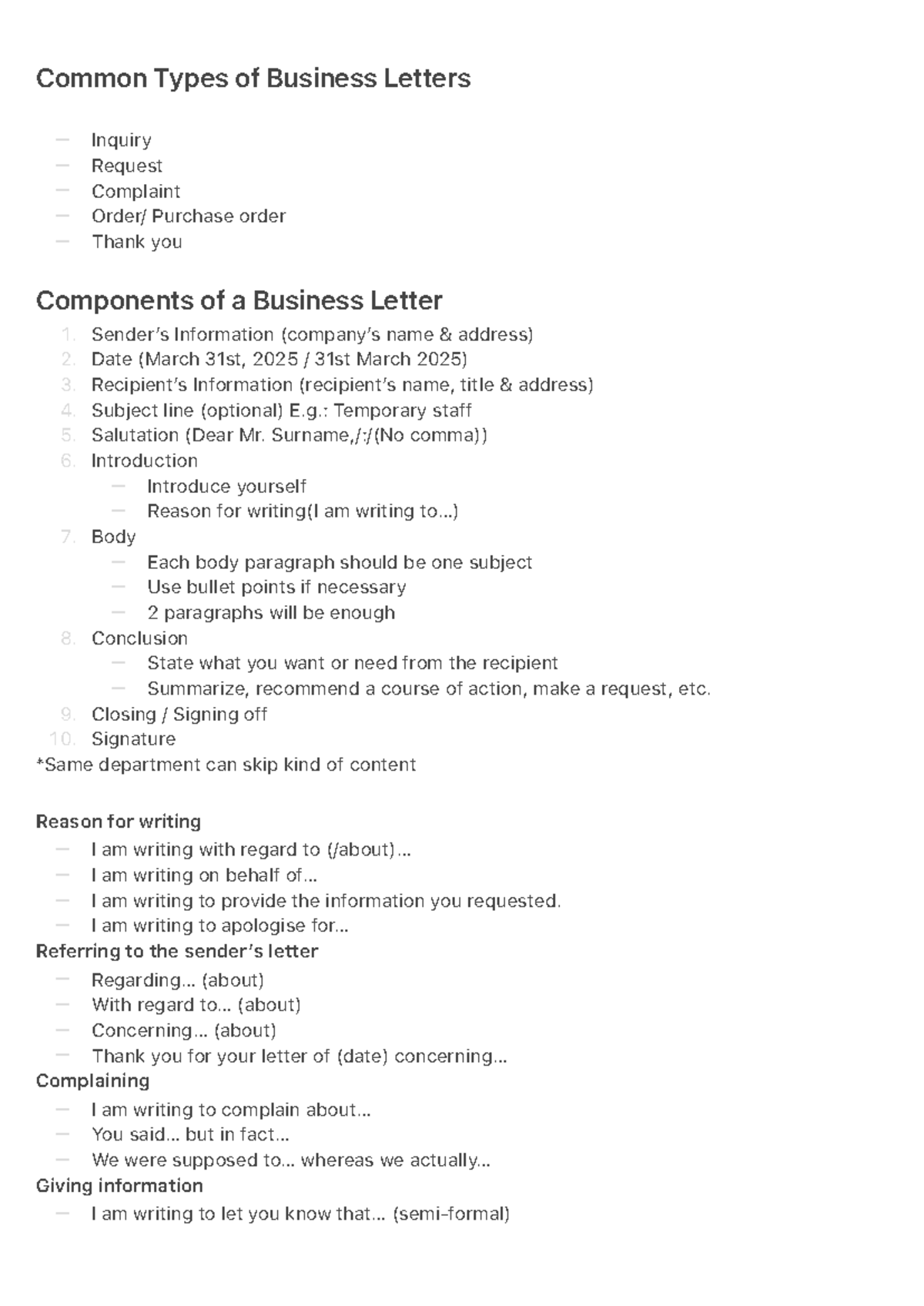 Common Types of Business Letters - – – – – – 1. 2. 3. 4. 5. 6. – – 7 ...
