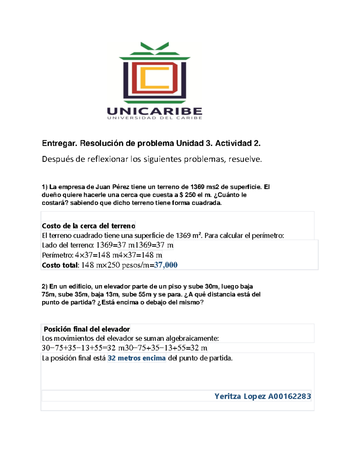 Resolución de Problemas - Unidad 3 Actividad 2 - Yeritza Lopez - Studocu