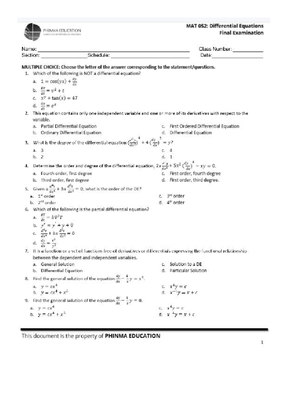 MAT 052: Differential Equations PHINMA EDUCATION Final Exam Reviewer ...