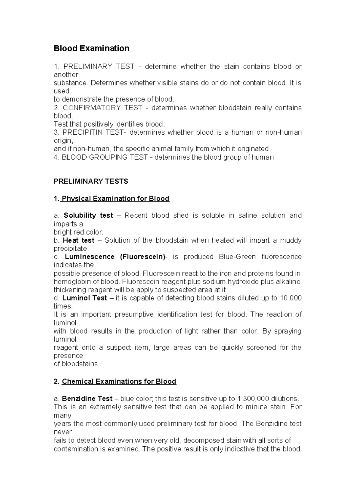 Forchem Blood Examination: Preliminary and Confirmatory Tests - Studocu