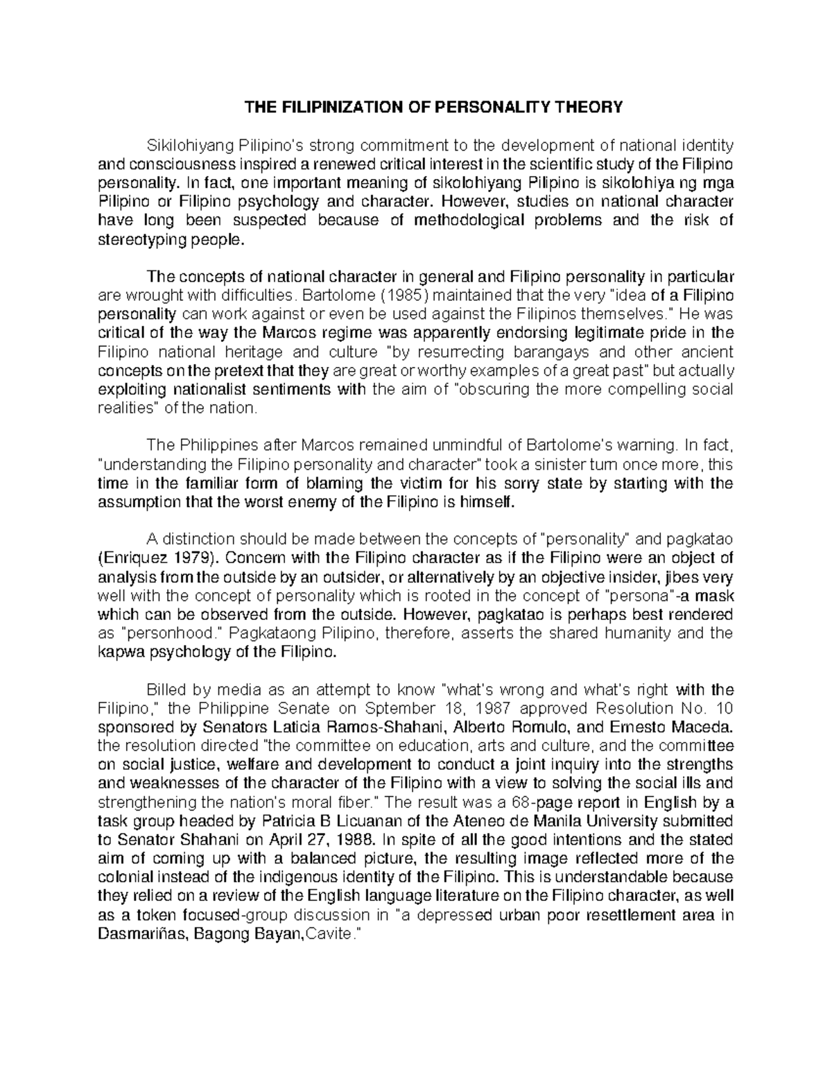 lecture notes in culture and filipino psychology THE Filipinization OF ...