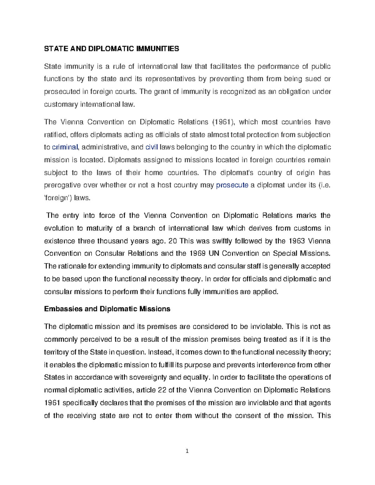 STATE AND DIPLOMATIC IMMUNITIES: An Overview of International Law - Studocu