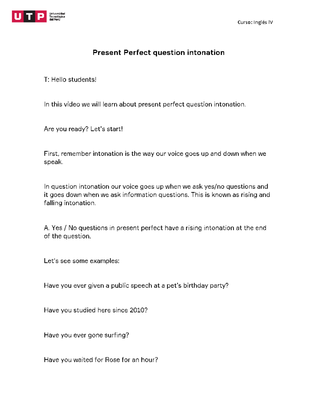 Inglés IV: Present Perfect Question Intonation Guide - Studocu