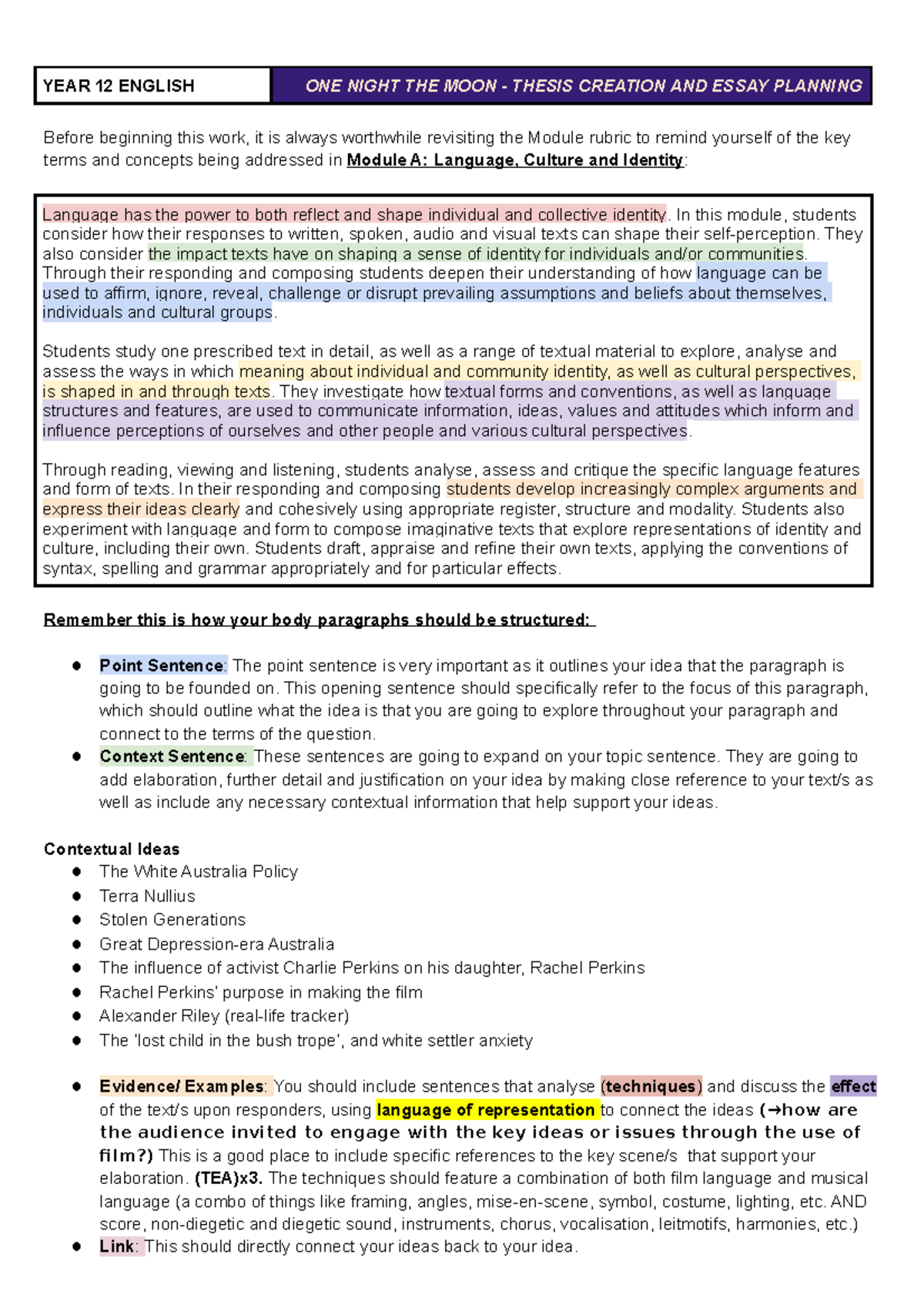 Student ONTM - Essay Planning and Thesis Writing - YEAR 12 ENGLISH ONE ...