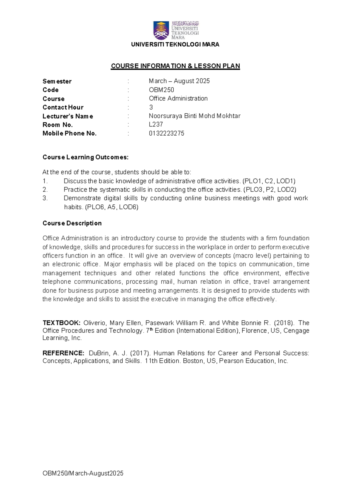Obm250 lesson plan for office administration course 2025 - Studocu