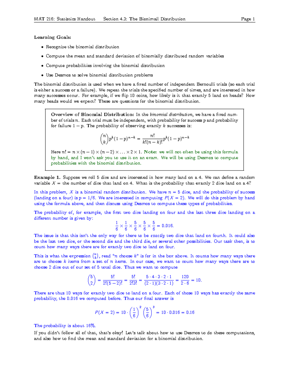 MAT 216: Statistics Handout - Binomial Distribution Overview - Studocu