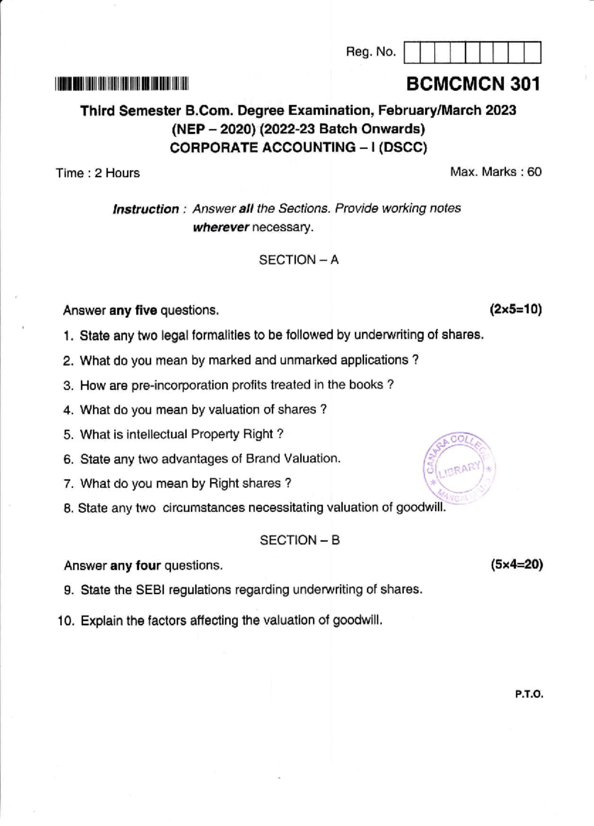 NEP B.Com III Sem Corporate Accounting I Exam Paper 2023 - Studocu