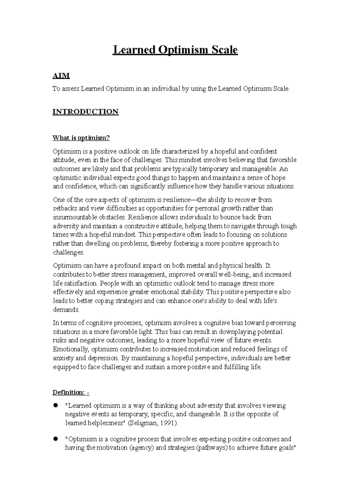 Assessing Learned Optimism: The Learned Optimism Scale (Psych 102 ...