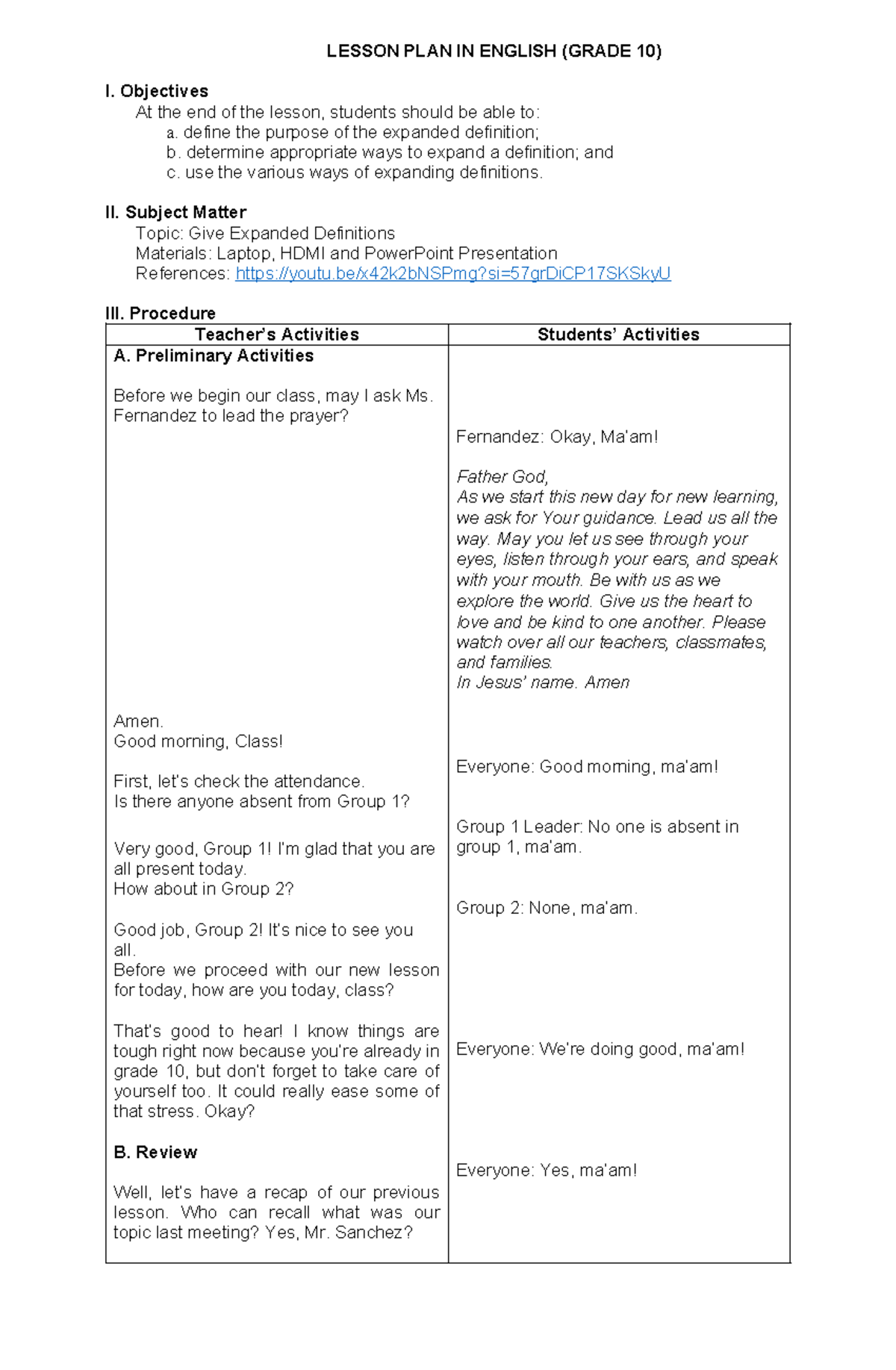 DLP - Detailed Lesson Plan: Expanded Definitions for Grade 10 - Studocu