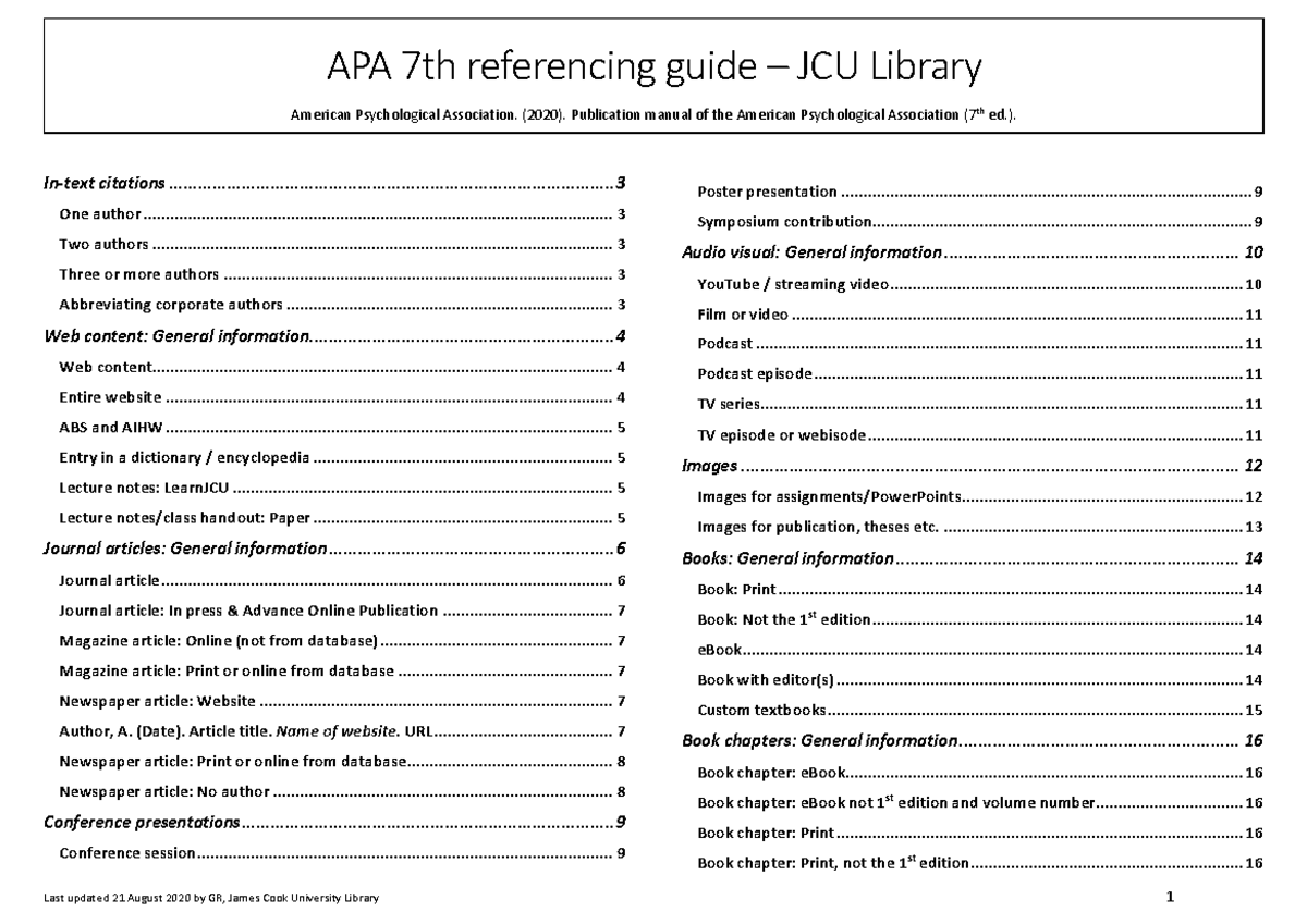 APA 7th handout - APA 7th referencing guide – JCU Library In-text ...