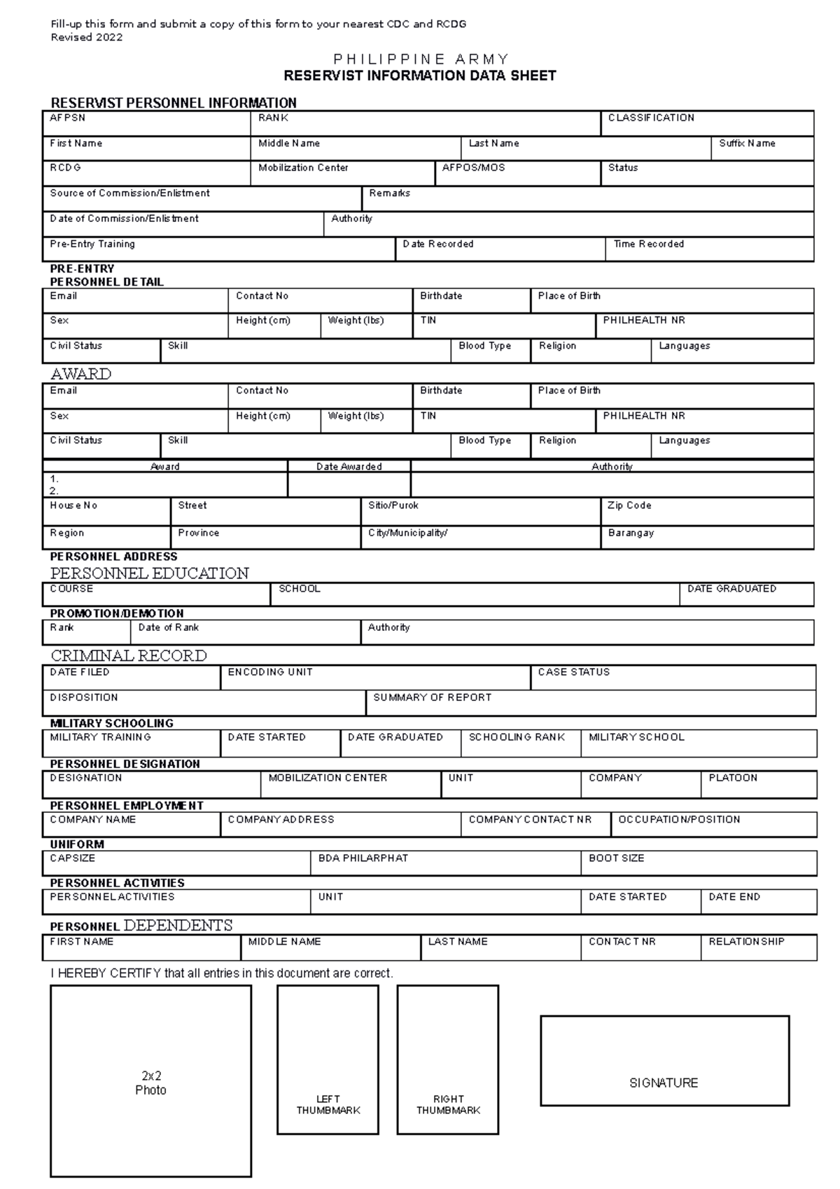 Philippine Army Reservist Info Data Sheet (RIDS) - Revised 2022 - Studocu