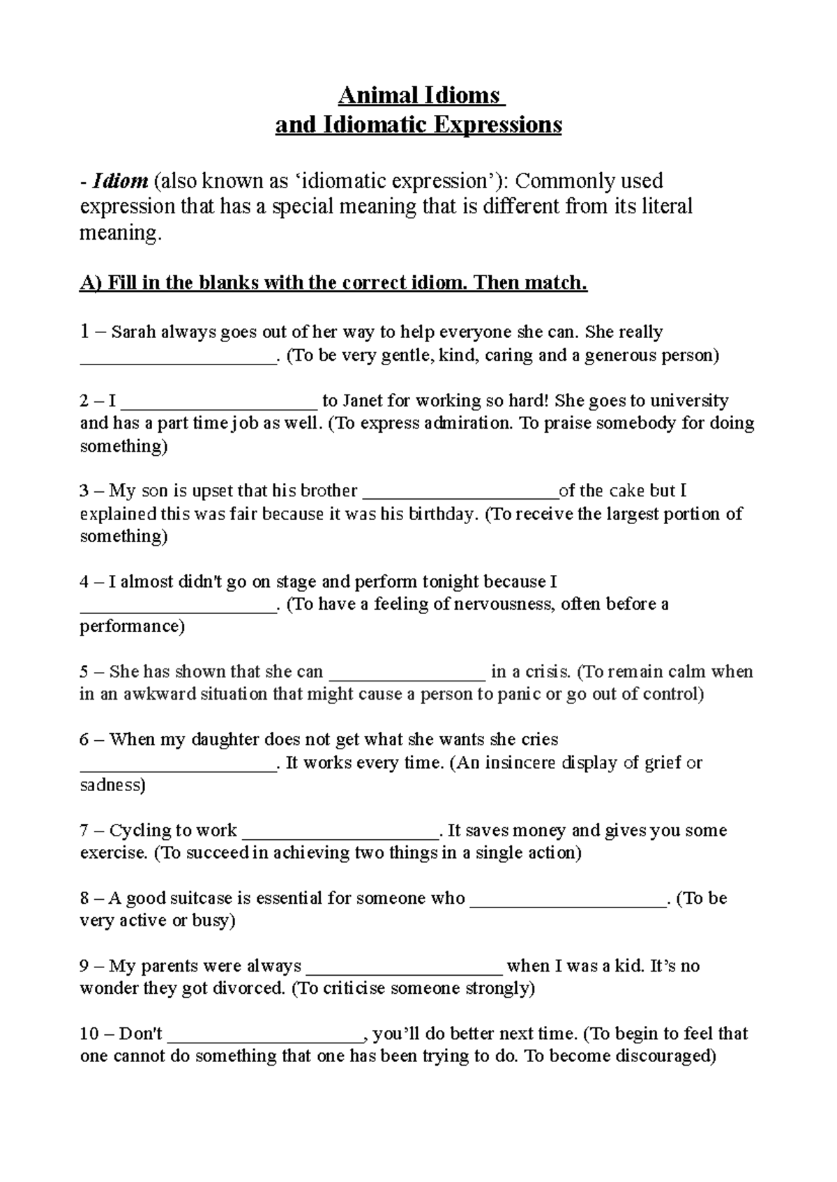 Animals Idioms Handout - Animal Idioms and Idiomatic Expressions ...