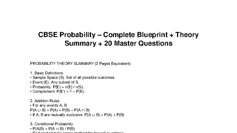 CBSE Probability Master Blueprint: Theory & 20 Key Questions - Studocu