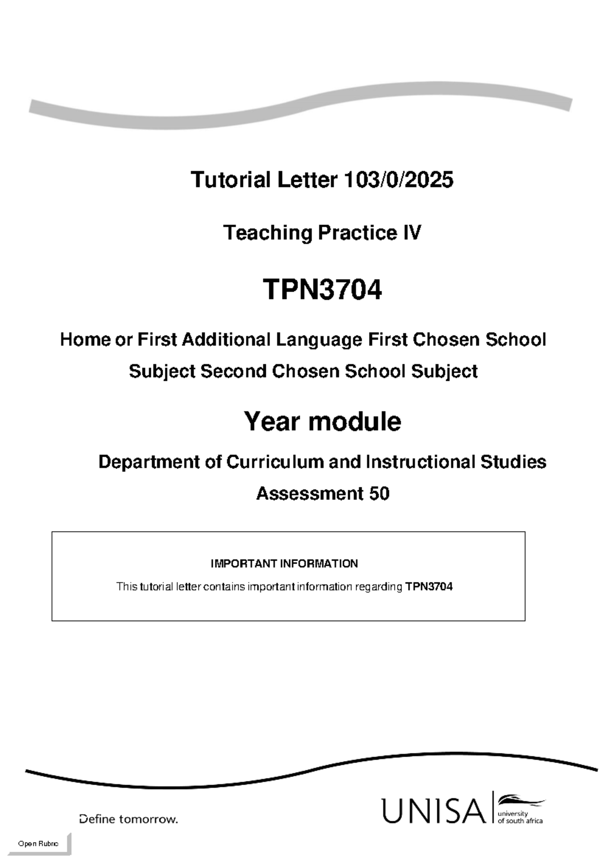 TPN 3704 Teaching Practice IV Portfolio Tutorial Letter 103/0/2025 - Studocu