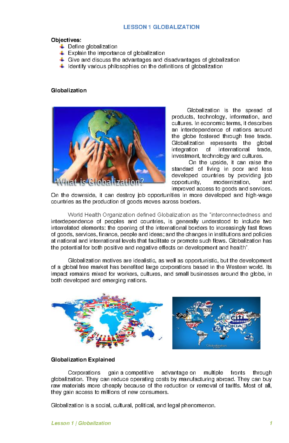 Lesson 1-8 - GLOBALIZATION - Lesson 1 | Globalization 1 LESSON 1 GLOBALIZATION Objectives ...