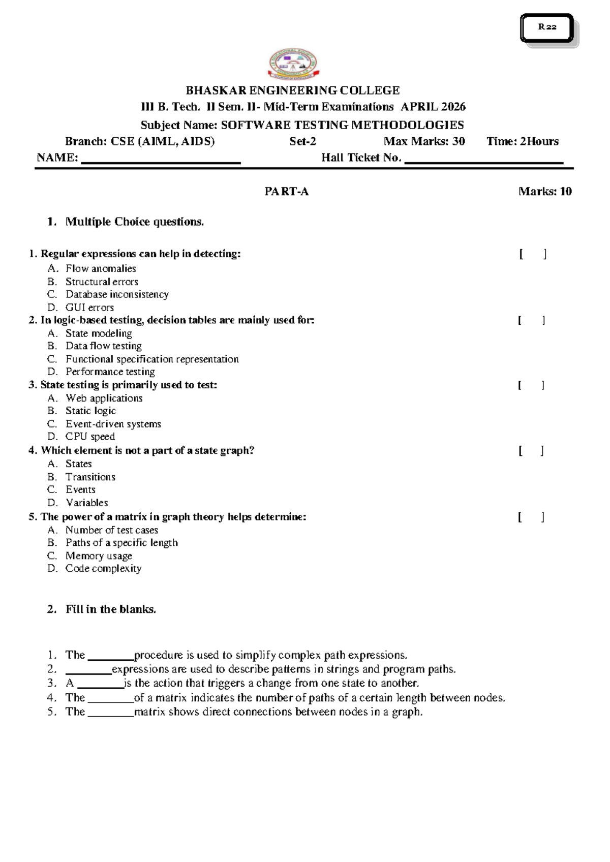 B.Tech II Sem Software Testing Methodologies Mid-1 QP Set 2-1 - Studocu