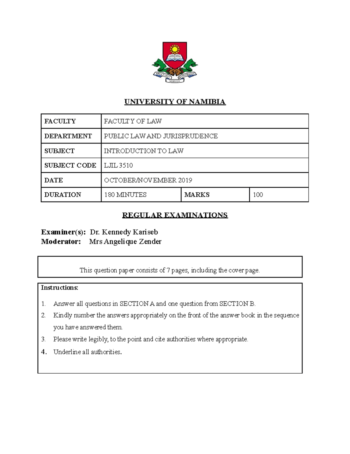 2019 Regular Exam Intro to Law - UNIVERSITY OF NAMIBIA FACULTY FACULTY ...