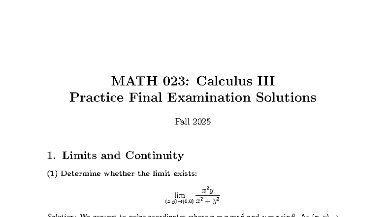 MATH 023: Calculus Final Exam Solutions - Fall 2025 - Studocu