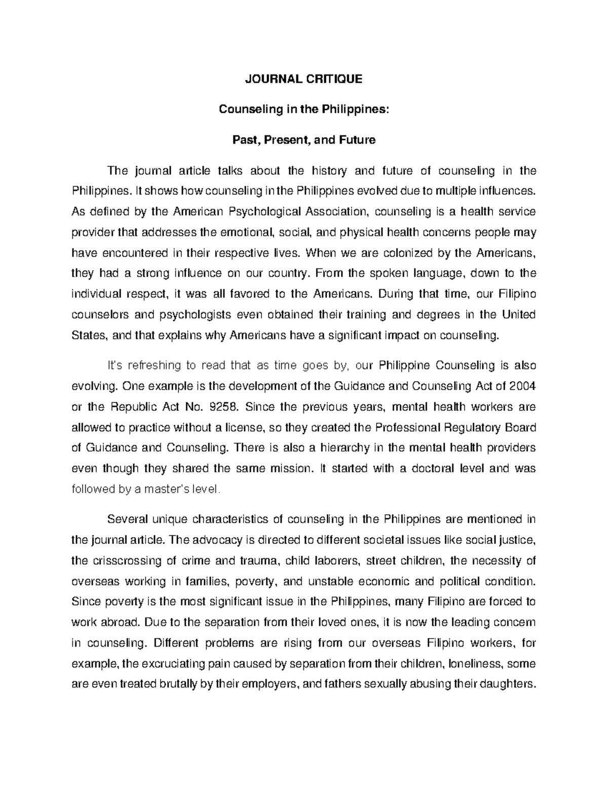 Journal Critique (Counseling in the Philippines - BS Psychology - Studocu