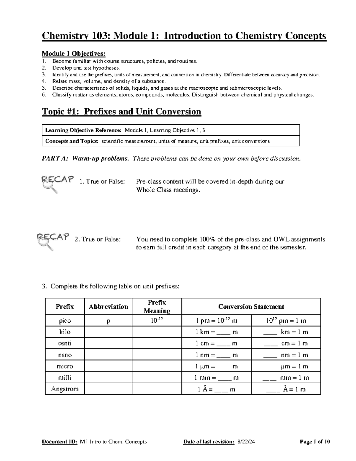 Chemistry 103: Module 1 - Intro to Chemistry Concepts & Unit ...