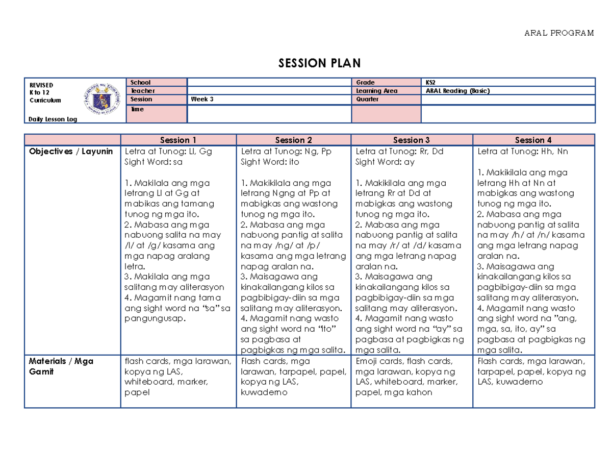 ARAL PROGRAM SESSION PLAN: Week 3 Learning Activities - Studocu