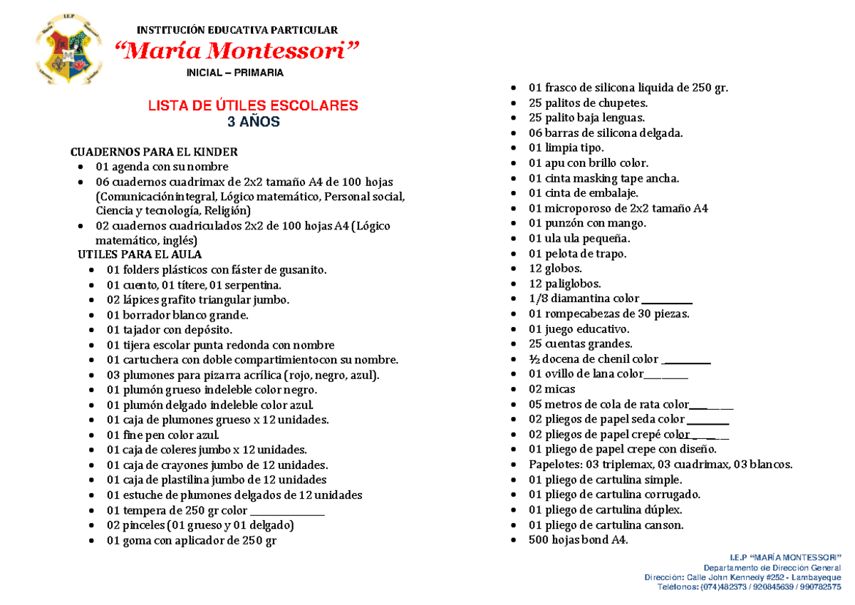 Lista DE Útiles Escolares 3 AÑOS - INSTITUCIÓN EDUCATIVA PARTICULAR ...