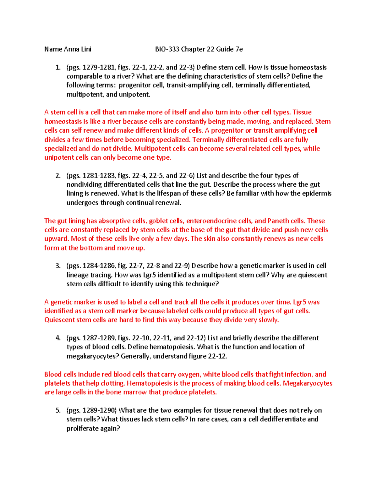 BIO-333 Chapter 22 Stem Cell and Tissue Homeostasis Guide 7e - Studocu