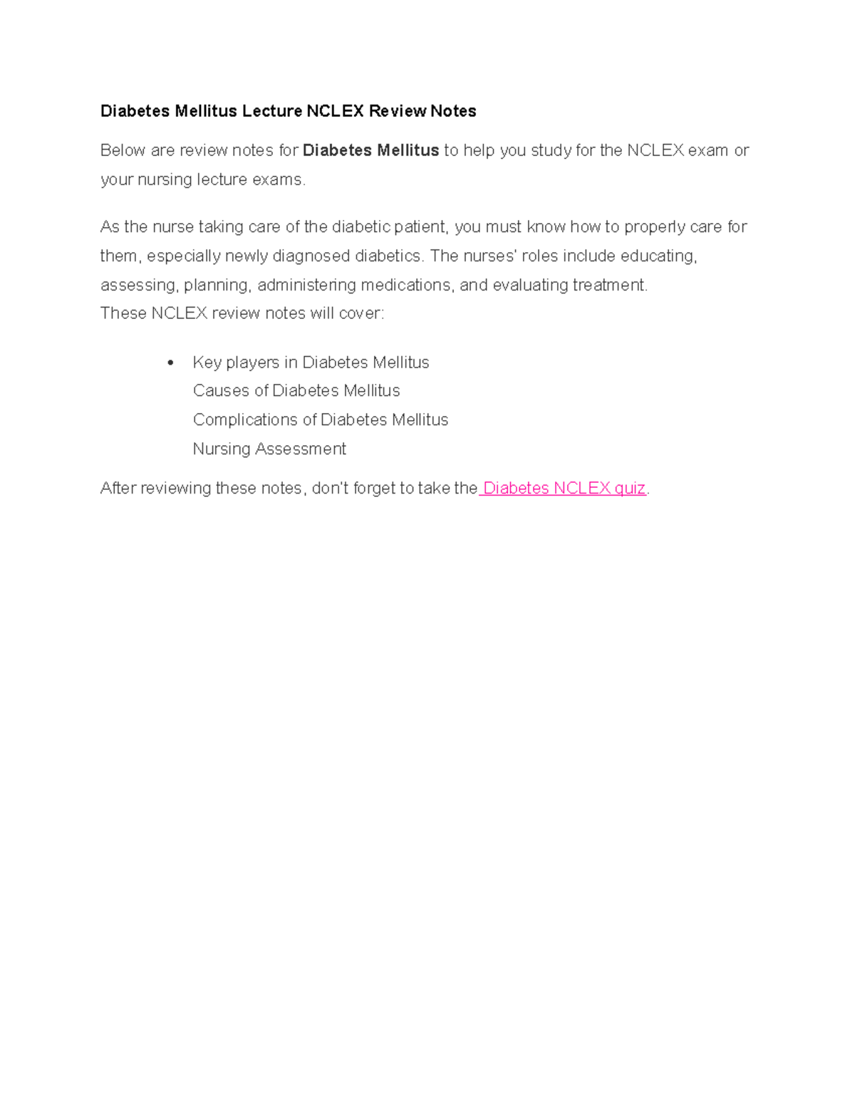 Diabetes Mellitus NCLEX Lecture Review Notes for Nursing Students - Studocu