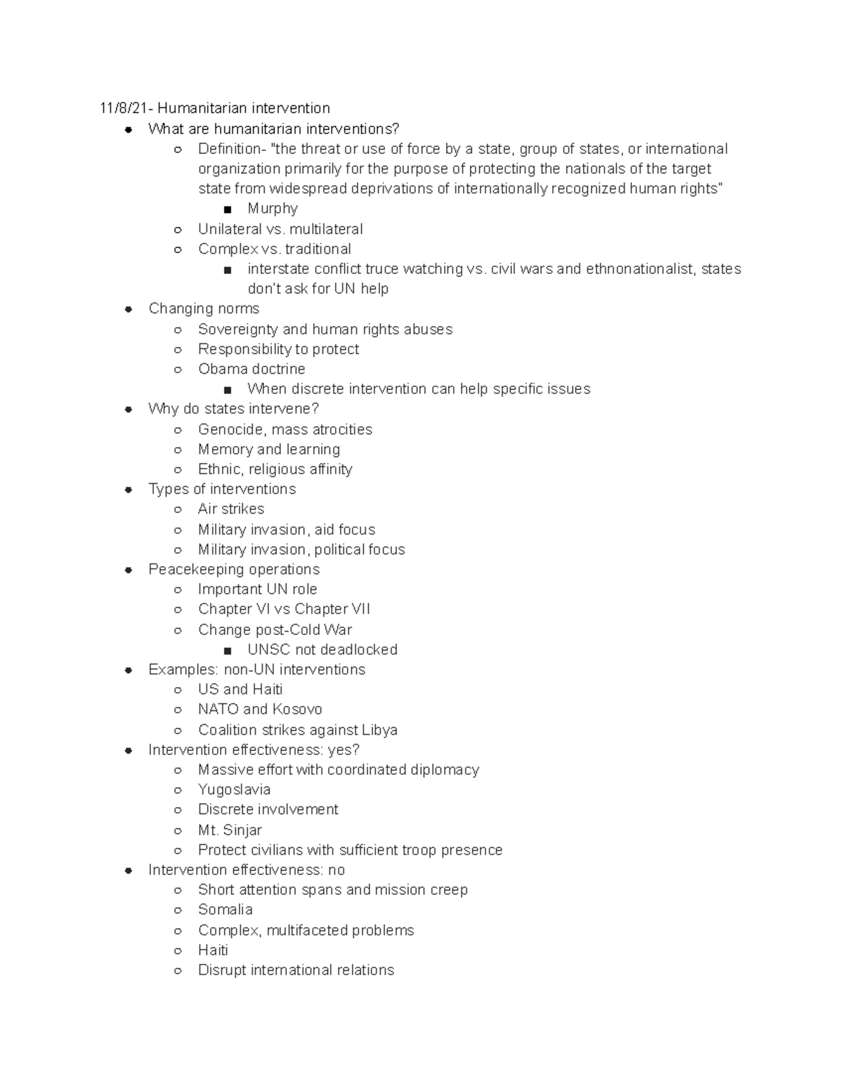 IR Notes - Understanding Humanitarian Intervention Frameworks - Studocu