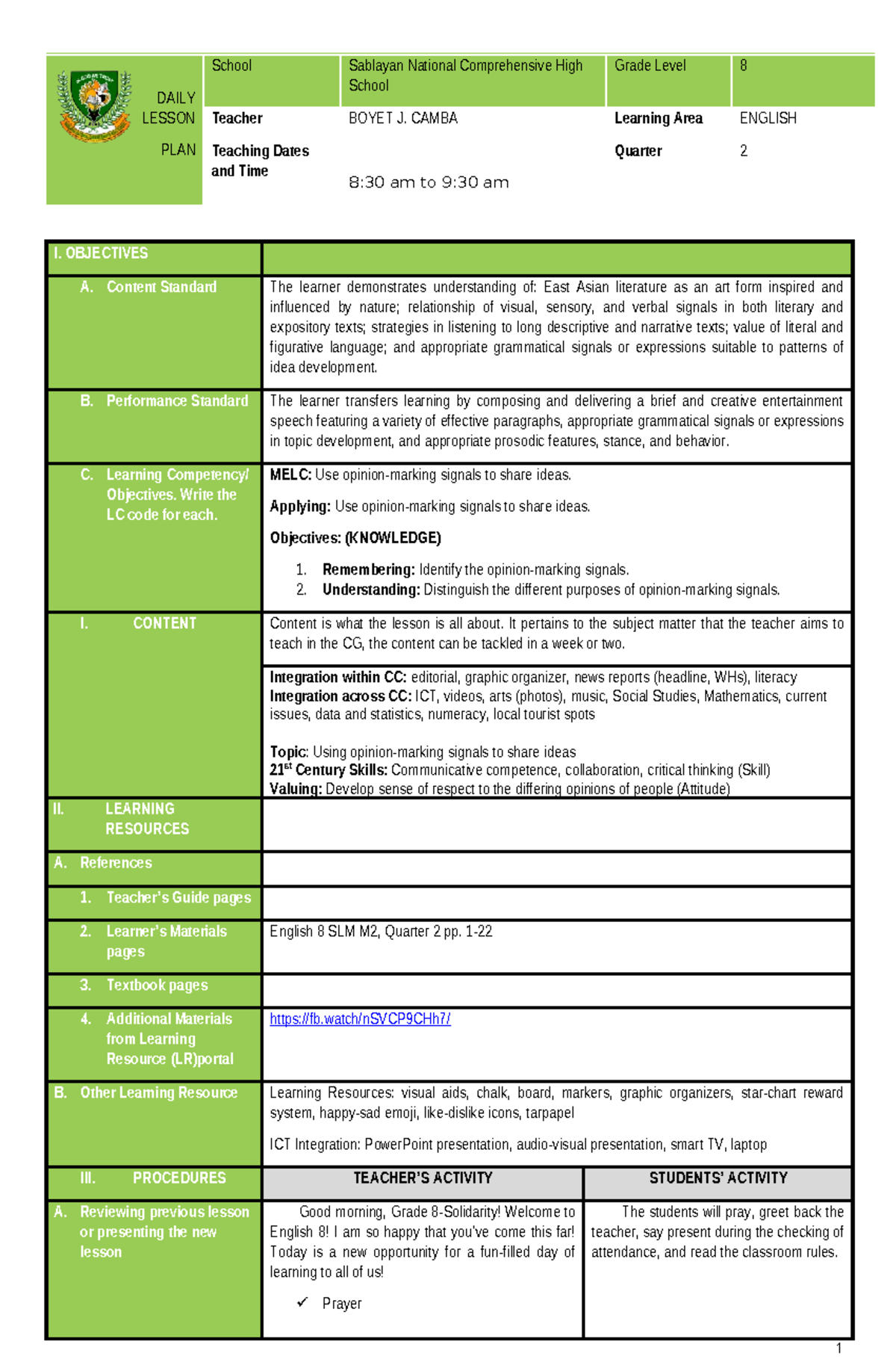 FS 1 Detailed Lesson Plan: Using Opinion Marking Signals in English 8 ...