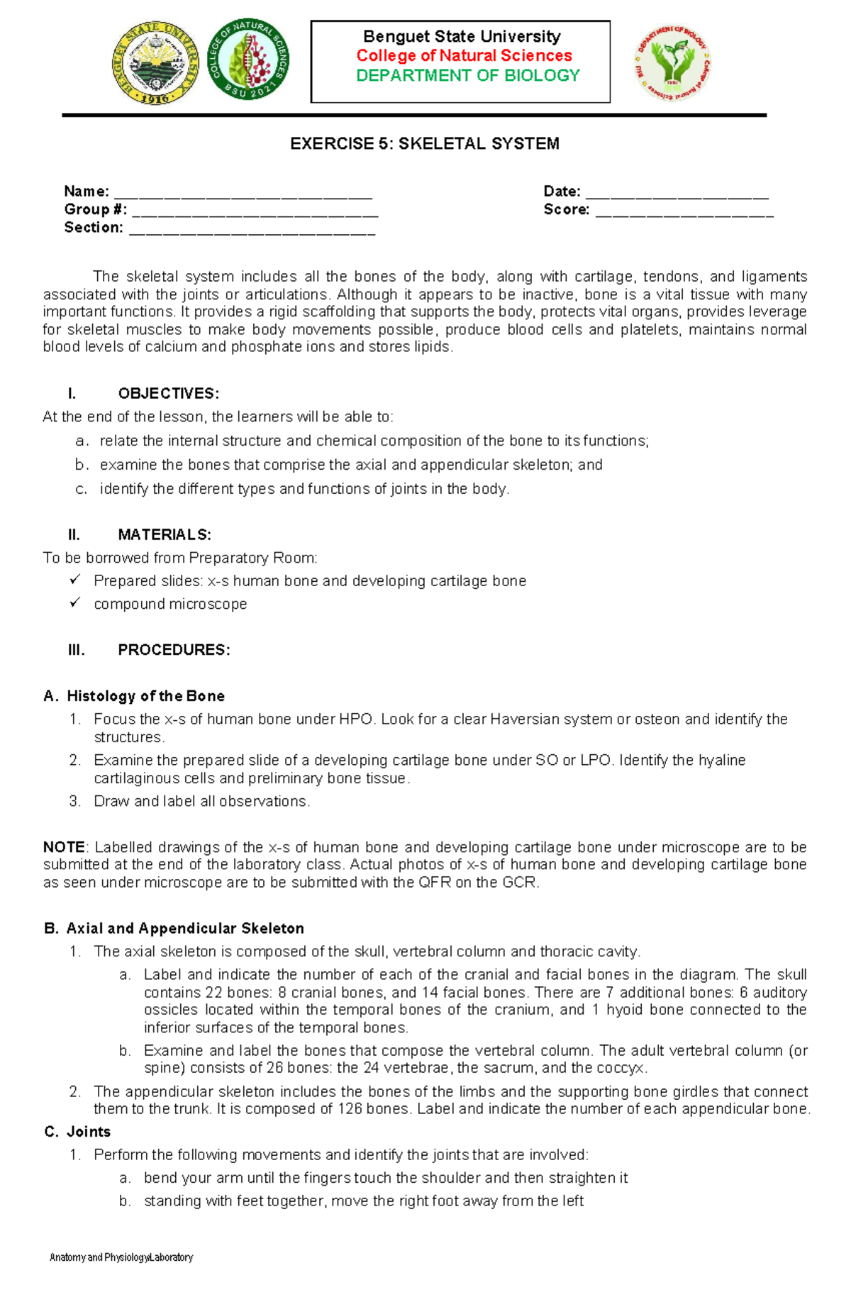 Benguet State University BIO 5: Exercise on the Skeletal System - Studocu