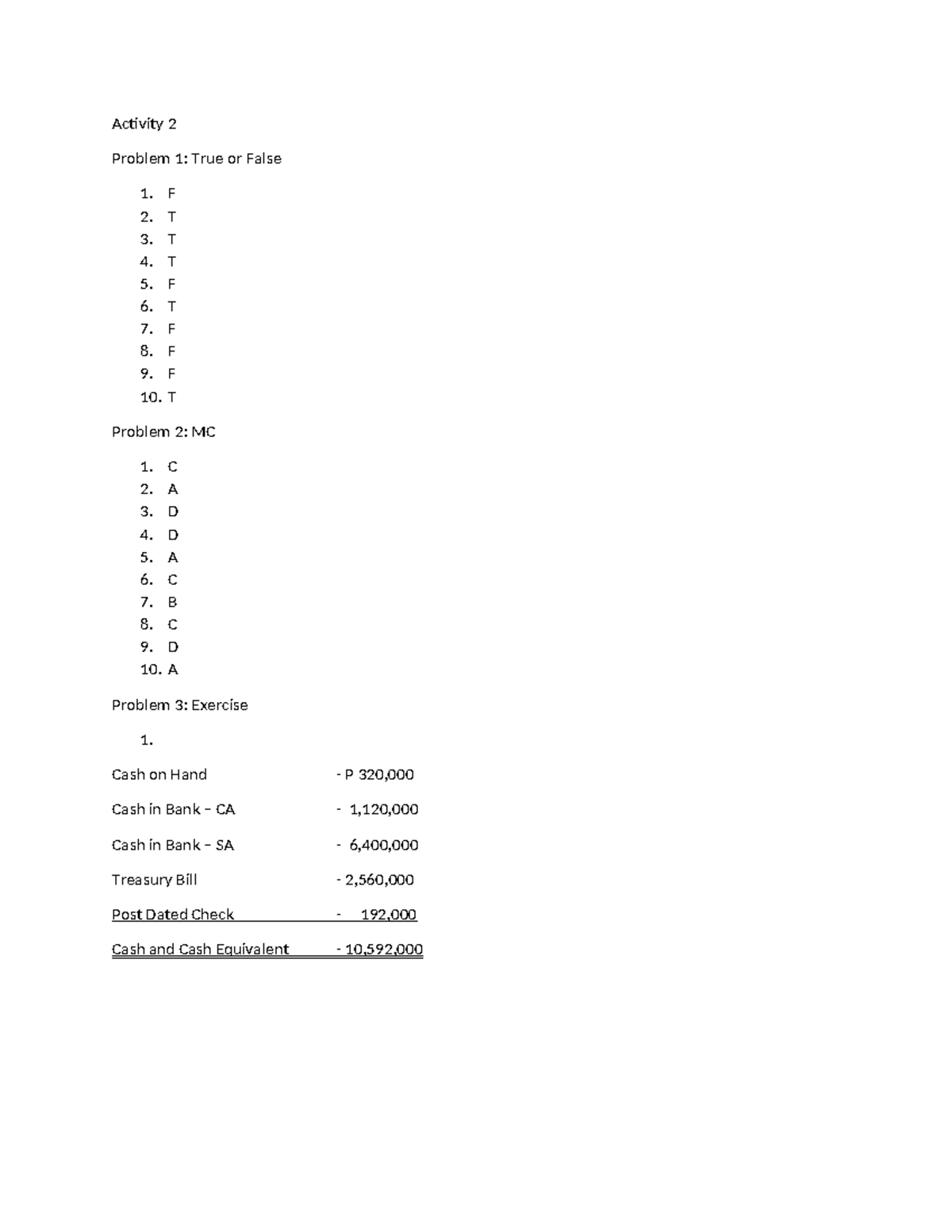 Activity 2 - Assignments done - Cost Accounting - Activity 2 Problem 1 ...