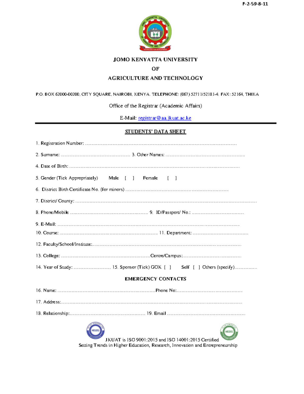 Student Data Sheet - JKUAT Registration Details and Emergency Contacts ...