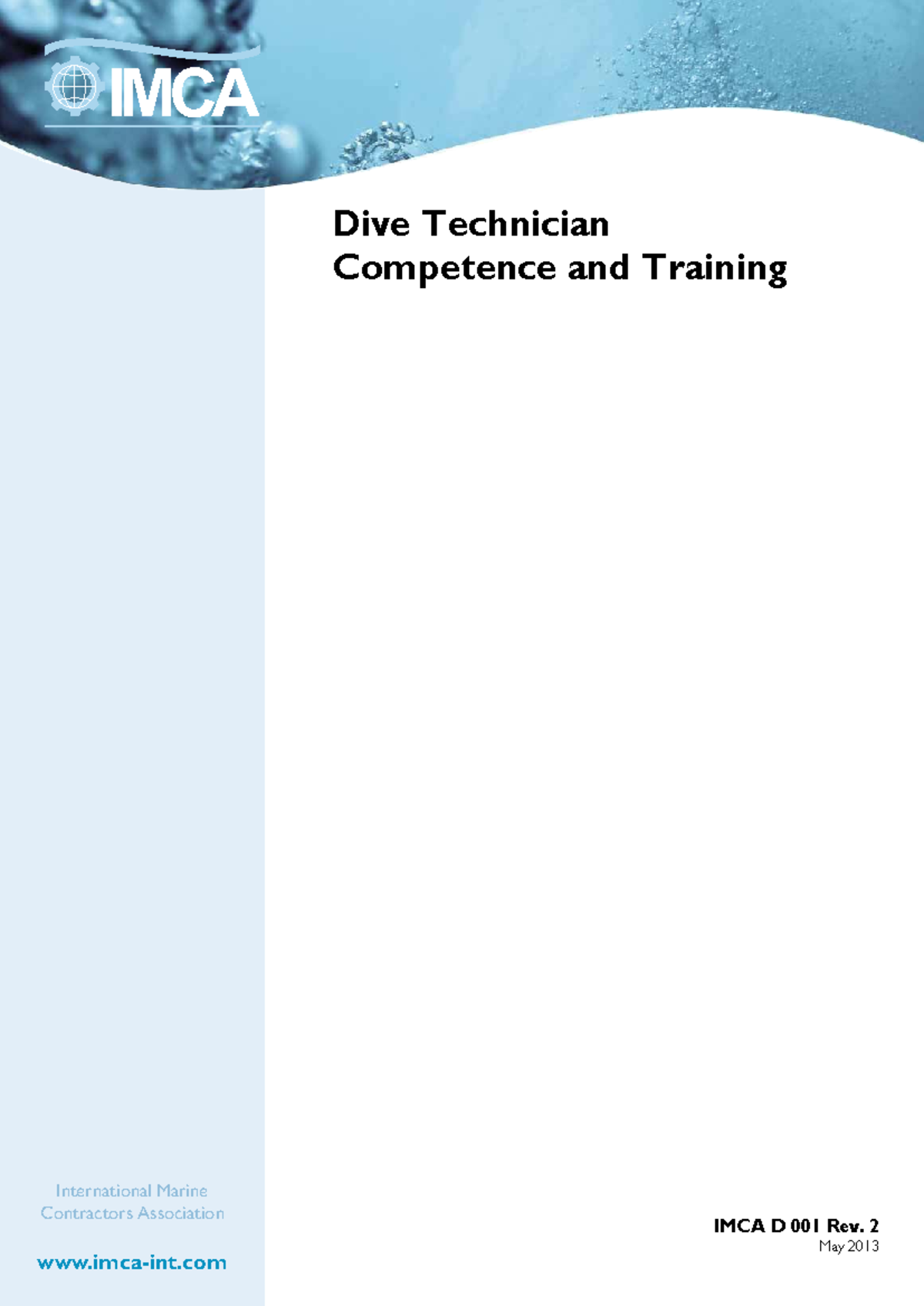 IMCA D 001 Rev. 2: Dive Technician Competence & Training Guidelines ...