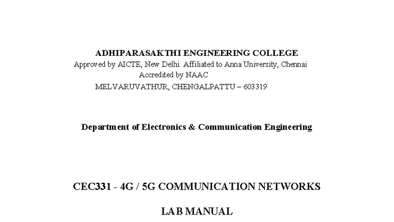 CSE331 4G 5G Communication Networks Lab Manual - Experiments & MATLAB Code - Studocu