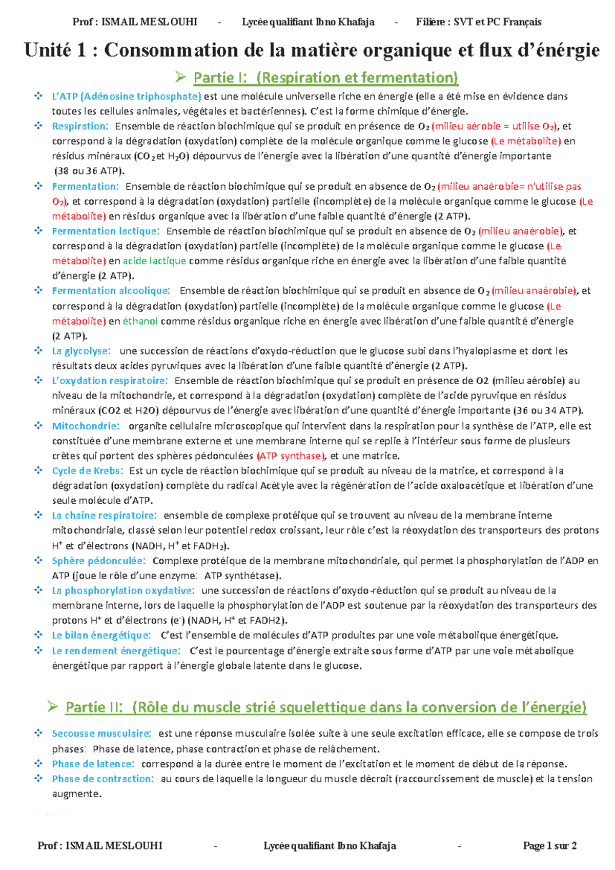 Définitions des Concepts SVT Unité 1 - Lycée 2 BAC Français - Studocu