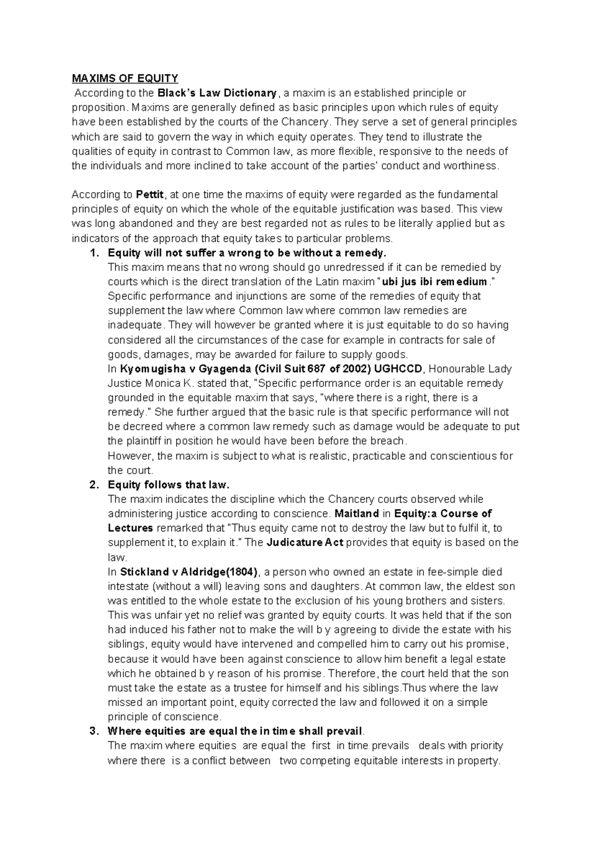 Equity Presentation Write UP - MAXIMS OF EQUITY According to the Black ...