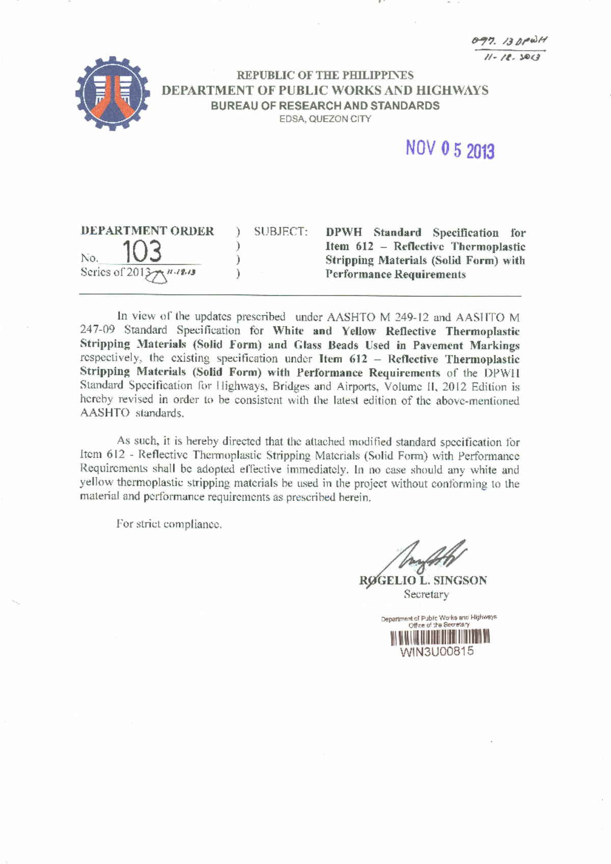 DO 103 S2013 - Revised DPWH Specification for Item 612: Reflective ...