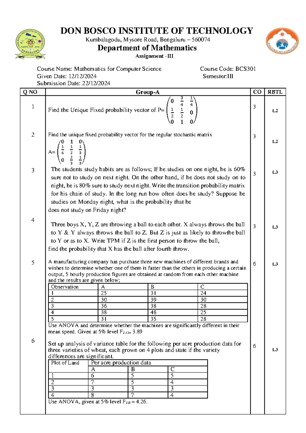 BCS301 Mathematics for Computer Science - Assignment 3 Analysis and ...