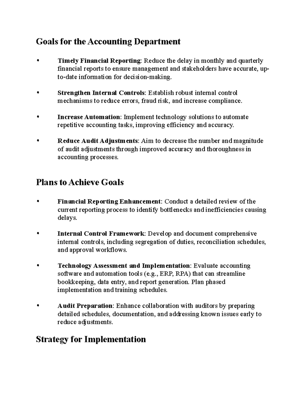 SBA - Accounting Dept Goals: Enhancing Reporting & Controls - Studocu