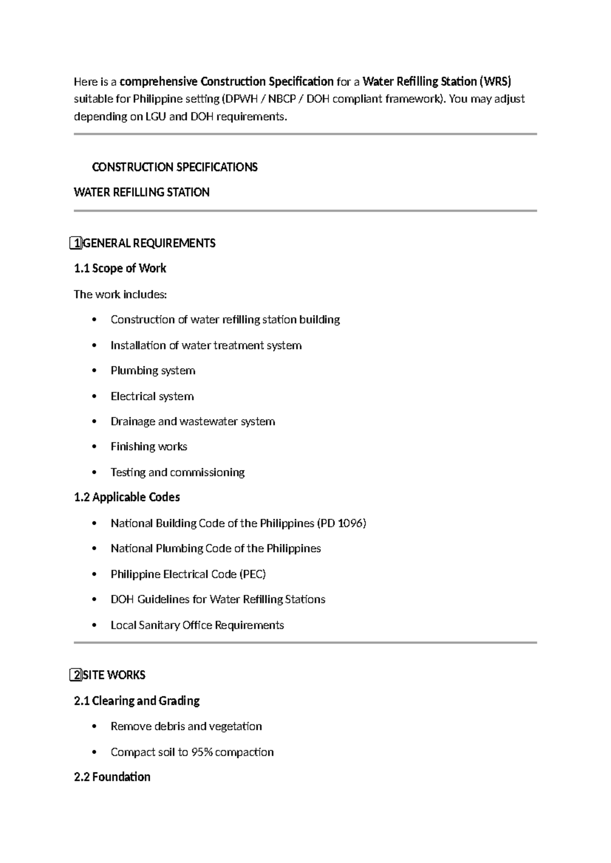 Construction Specifications for Water Refilling Station (WRS) - Studocu