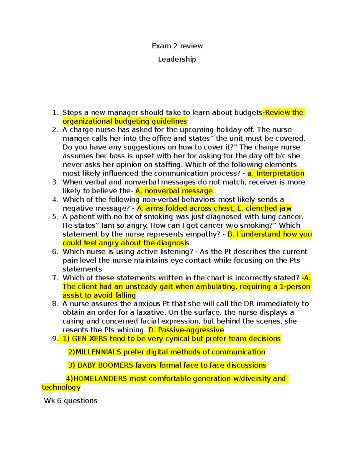 Leadership Exam 2 Review Study Guide for Nursing Students - Studocu