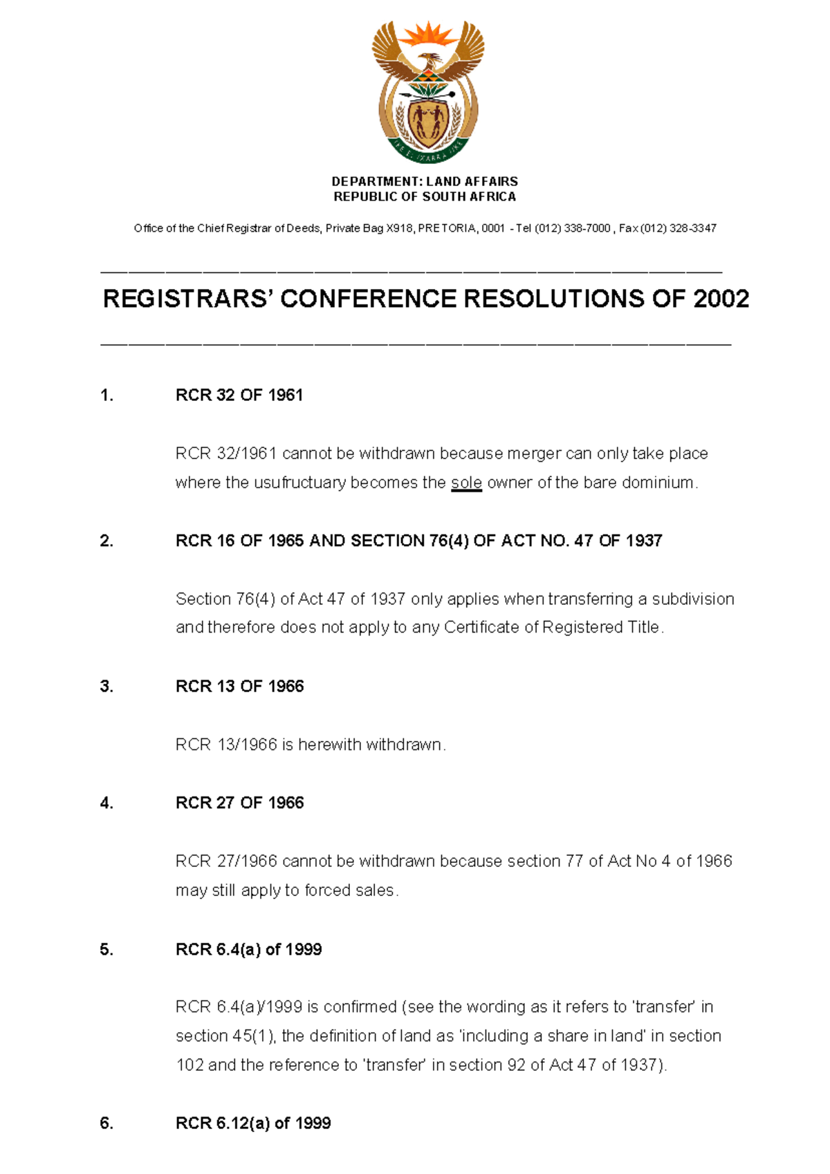 2002 Registrars Conference Resolutions on Land Affairs Documents - Studocu