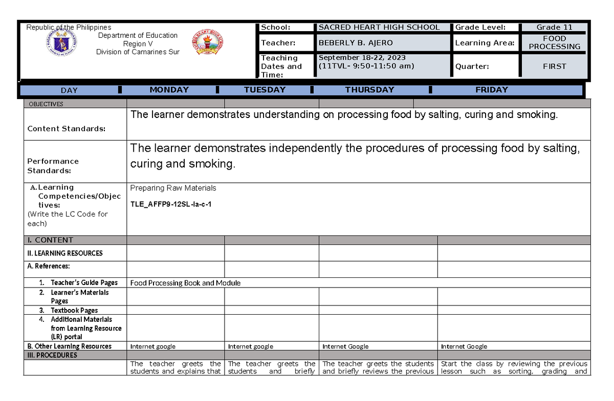 DLL 3rd in 1st Q - FP 11 - Food Processing Lesson Plans - Studocu