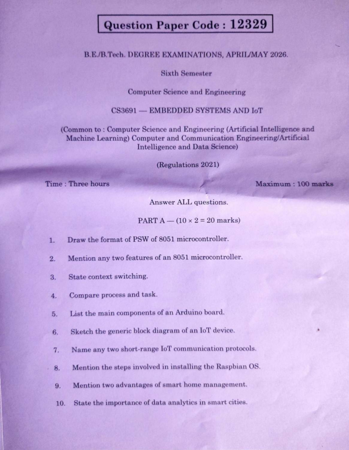 CS3691 Embedded Systems and IoT Exam Paper - April/May 2026 - Studocu