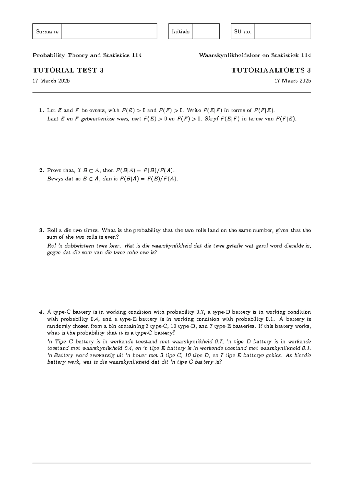 Probability Theory and Statistics 114: Tutorial Test 1 (2025) - Studocu